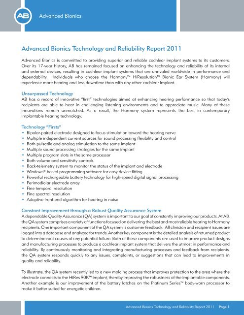 Advanced Bionics Technology and Reliability Report 2011