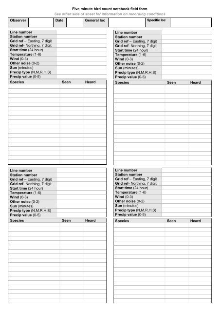 Five minute bird count notebook field form