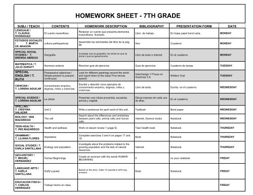 HOMEWORK SHEET - 7TH GRADE