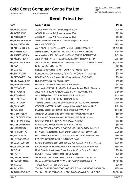 Price List - Notebook - Gold Coast Computer Centre