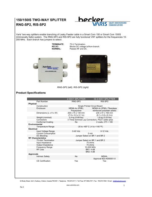 150/150IS TWO-WAY SPLITTER RNG-SP2, RIS-SP2 - Varis Mine ...