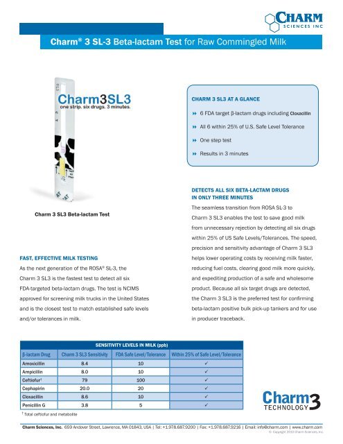 Charm® 3 SL-3 Beta-lactam Test for Raw Commingled Milk
