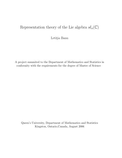 Representation theory of the Lie algebra sln(C) - Department of ...