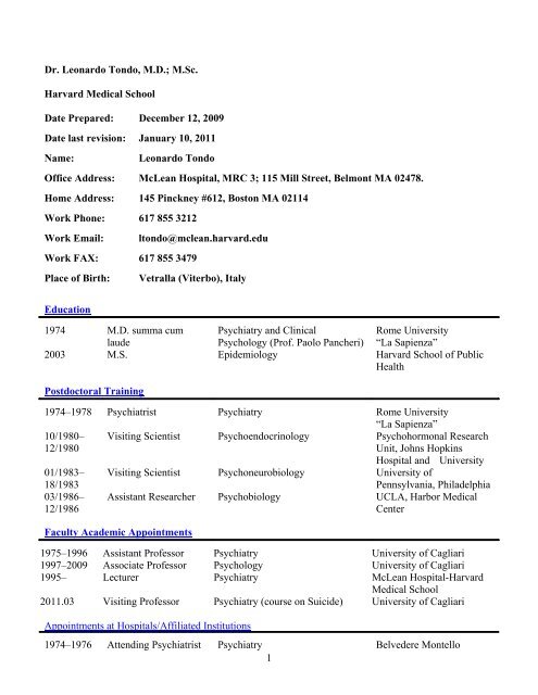 Dr. Leonardo Tondo, M.D.; M.Sc. Harvard ... - Centro Lucio Bini