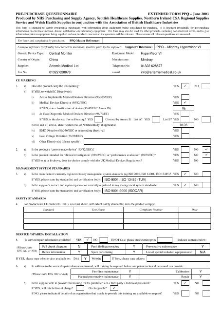 PRE-PURCHASE QUESTIONNAIRE EXTENDED ... - Artemis Medical