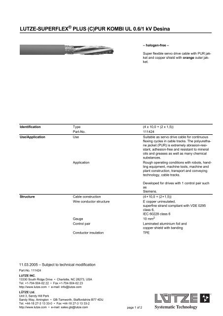 LUTZE-SUPERFLEX PLUS (C)PUR KOMBI UL 0.6/1 kV ... - Farnell