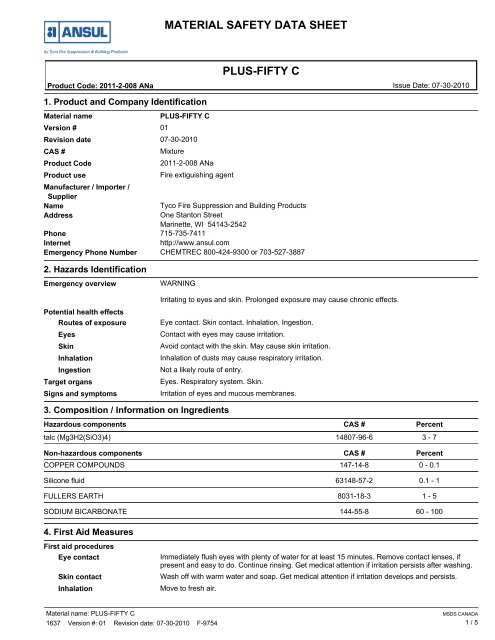 MATERIAL SAFETY DATA SHEET PLUS-FIFTY C - Ansul