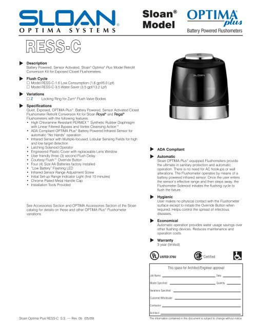 Sloan Optima Plus RESS-C Specification - Sloan Valve Company