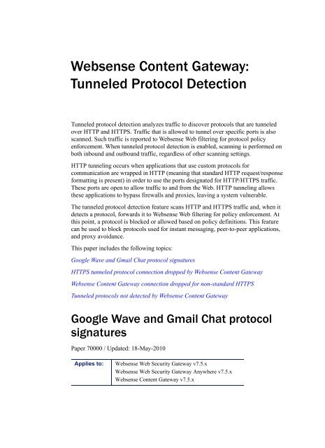 Websense Content Gateway: Tunneled Protocol Detection
