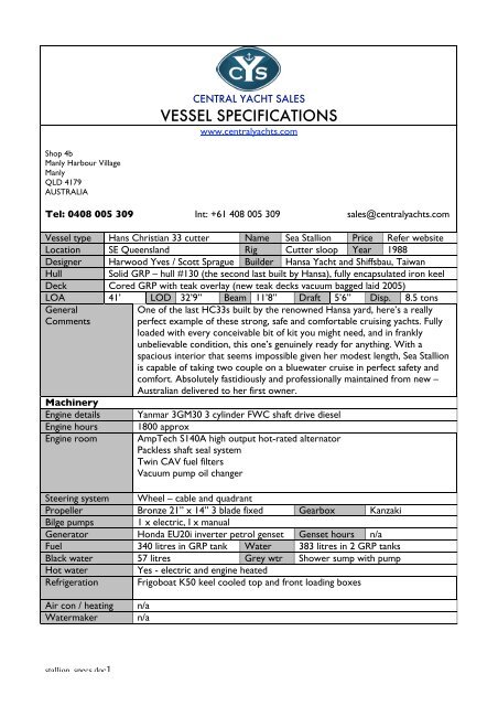 VESSEL SPECIFICATIONS - Central Yacht Sales