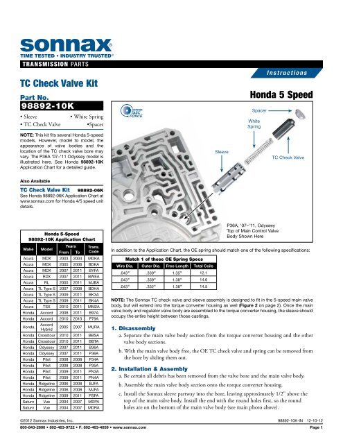 Honda 5 Speed TC Check Valve Kit - Sonnax