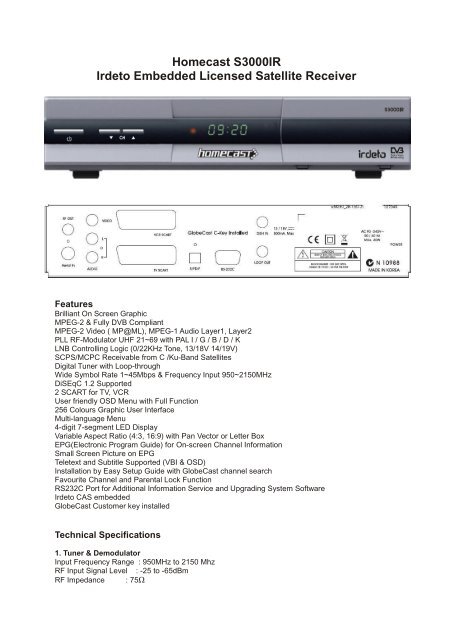 Homecast S3000IR Irdeto Embedded Licensed Satellite Receiver