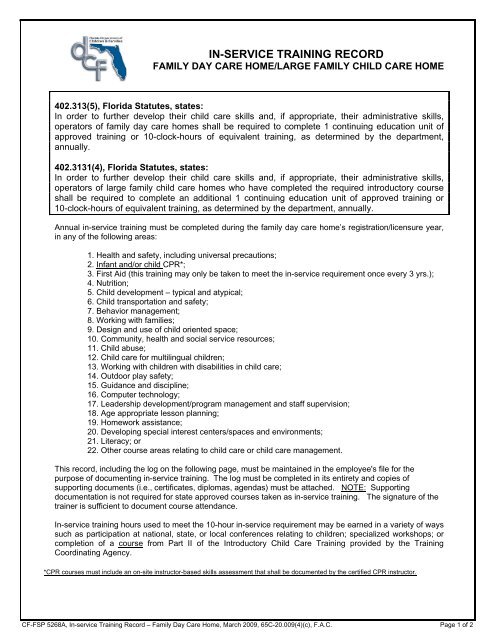 IN-SERVICE TRAINING RECORD - Child Care Lounge