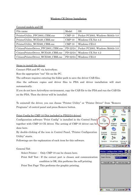 Windows CE Driver Installation Covered models and OS ... - Citizen