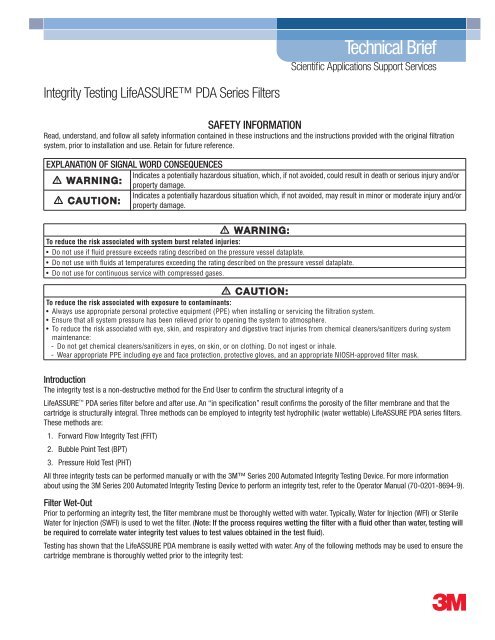 Integrity Testing LifeASSURE™ PDA Series Filters - 3M Purification ...