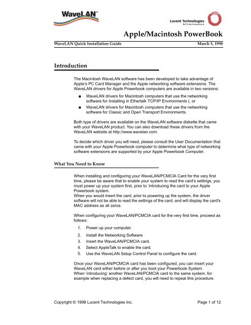 WaveLAN/PCMCIA Quick Installation Guide