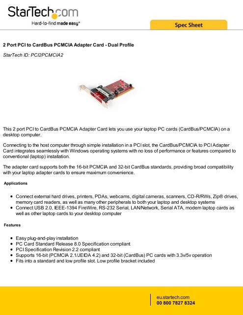 2 Port PCI to CardBus PCMCIA Adapter Card - Dual ... - StarTech.com