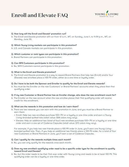 June Enroll & Elevate FAQ | Digital Library | Young Living