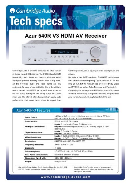 Azur 540R V3 HDMI AV Receiver - Cambridge Audio