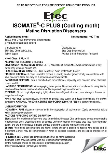 ISOMATE -C PLUS (Codling moth) - Elliott Chemicals Ltd