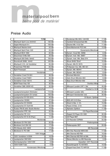 Preise Audio - Materialpool Bern
