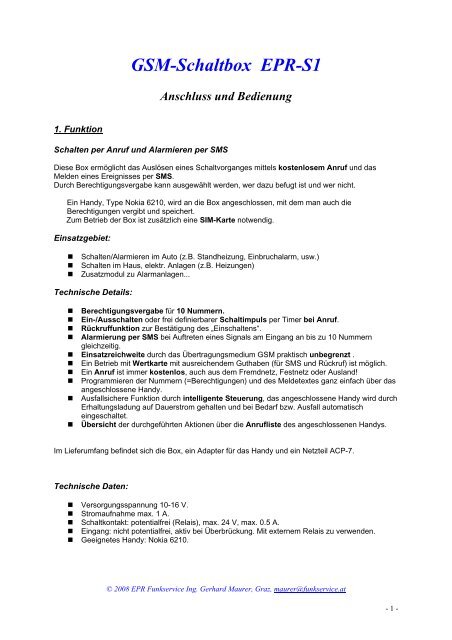 GSM-Schaltbox EPR-S1 Anschluss und Bedienung