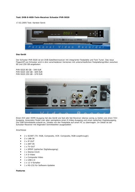 Test: DVB-S-HDD-Twin-Receiver Echostar PVR-5020 17.02.2005 ...