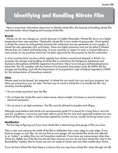 Identifying and Handling Nitrate Film - the Association of Moving ...