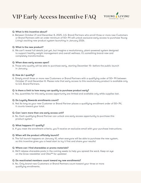 VIP Early Access Incentive FAQ | Digital Library | Young Living