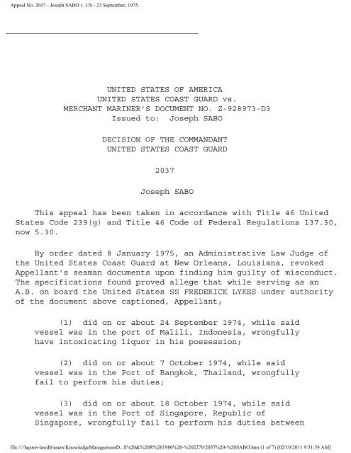 Appeal No. 2037 - Joseph SABO v. US - 23 ... - U.S. Coast Guard