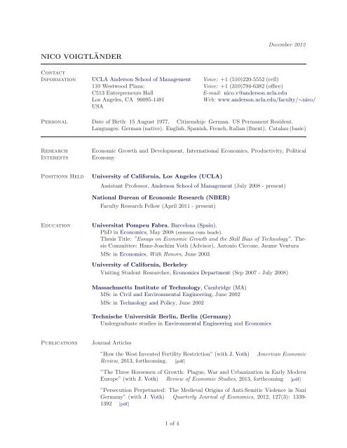 CV Nico Voigtlaender - UCLA Anderson School of Management