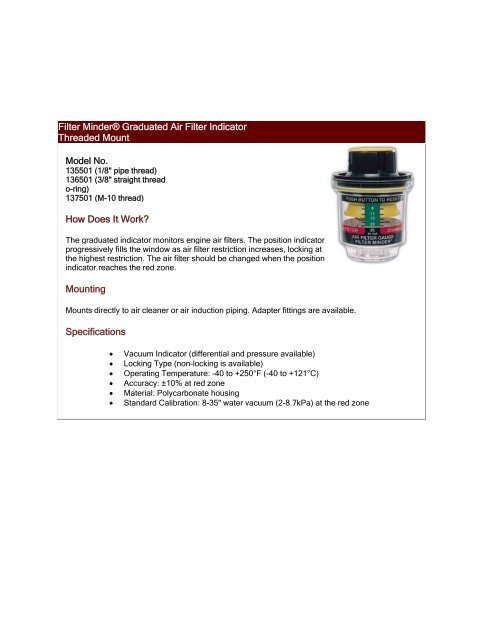 Filter Minder® Graduated Air Filter Indicator Threaded Mount How ...