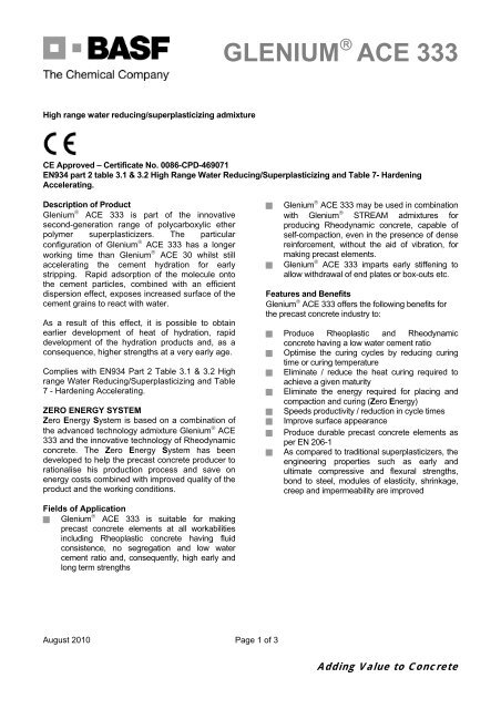 Glenium ACE 333 - TDS - BASF Admixture Systems UK