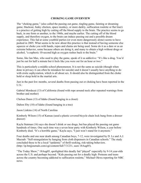 CHOKING GAME OVERVIEW The “choking ... - centerforyouth.org