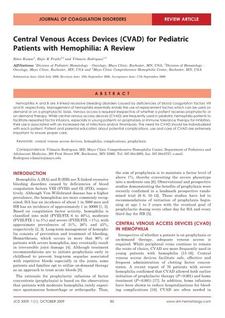 (CVAD) for Pediatric Patients with Hemophilia - CORE
