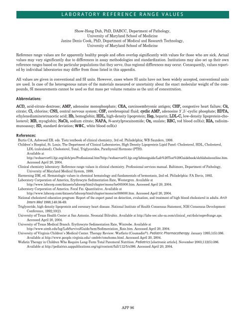 LABORATORY REFERENCE RANGE VALUES