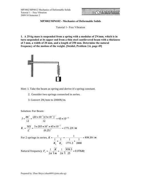 MP3002/MP4102 - Mechanics of Deformable Solids Tutorial 1– Free ...