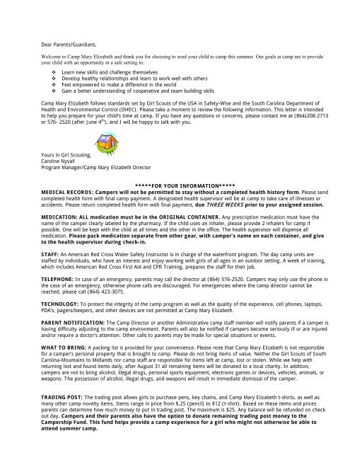 Camp Mary Elizabeth Parent Letter - Girl Scouts of South Carolina ...