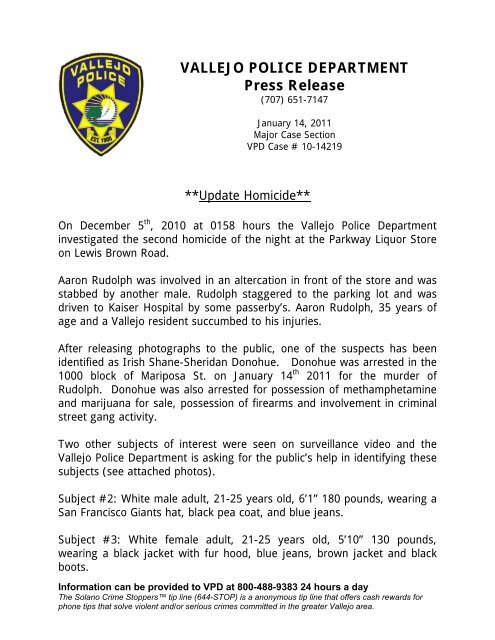 VALLEJO POLICE DEPARTMENT Press Release