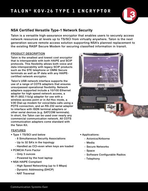 Talon ® KoV-26 TYPE 1 EncrYPTor - L-3 Communications