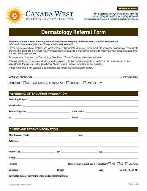 Dermatology Referral Form - Canada West Veterinary Specialists