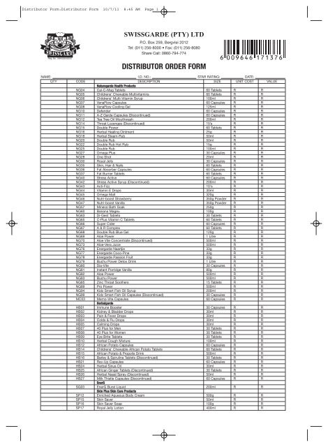 Distributor Order Form - Swissgarde