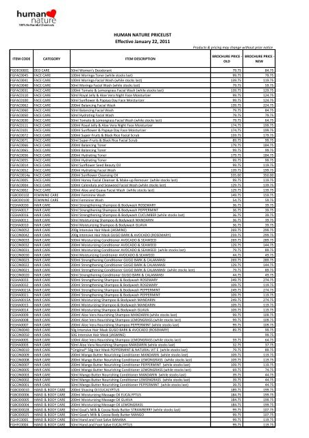 HUMAN NATURE PRICELIST Effective January 22, 2011