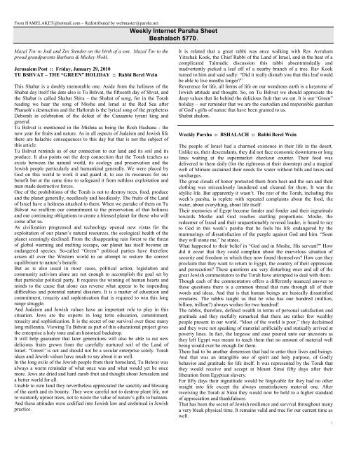 Weekly Internet Parsha Sheet Beshalach 5770