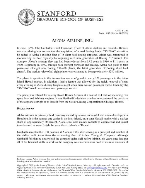ALOHA AIRLINE, INC. - Stanford GSB - Stanford University