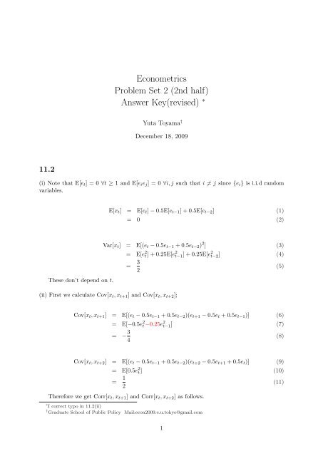 Econometrics Problem Set 2 2nd Half Answer Keyrevised ∗