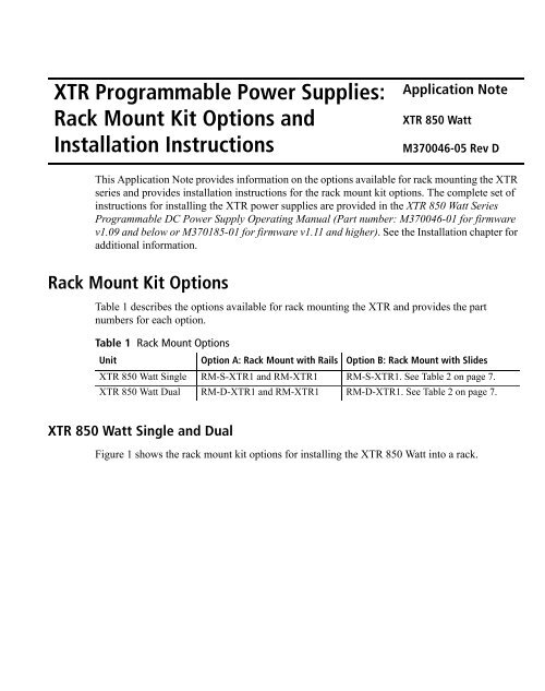 XTR Programmable Power Supplies: Rack Mount Kit ... - Sorensen