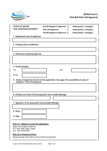 QCAA Form 2 Part-M & Part-145 Approval - Civil Aviation Authority