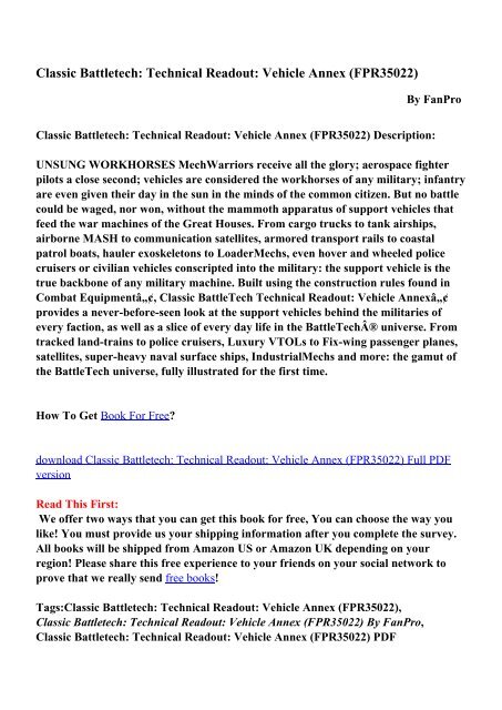 Classic Battletech: Technical Readout: Vehicle Annex (FPR35022) Classic Battletech: Technical Readout: Vehicle Annex (FPR35022)