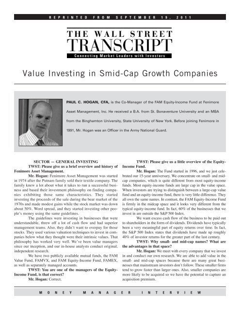 Wall Street Transcript features Paul Hogan - FAM Funds